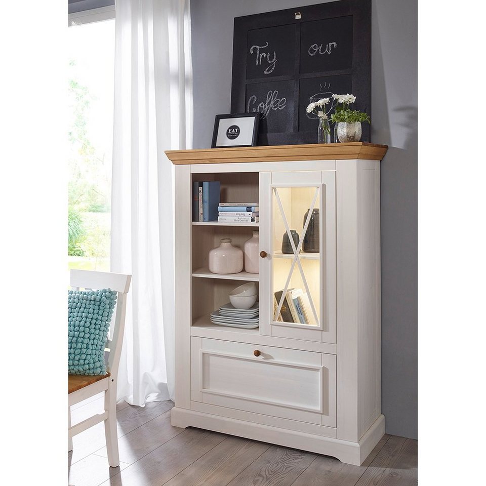 Lomadox Highboard Warna 69 In Kiefer Weiß Mit Eiche Mit Glastür Bht