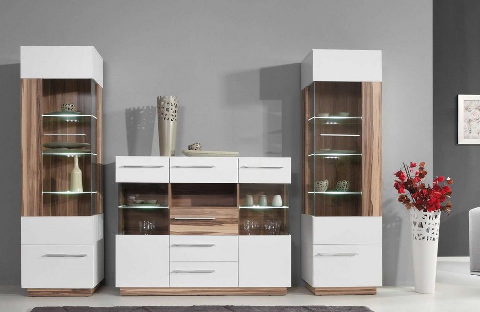 Stylefy Wohnwand Zeno Weiß Nussbaum Baltimore Set 3 St
