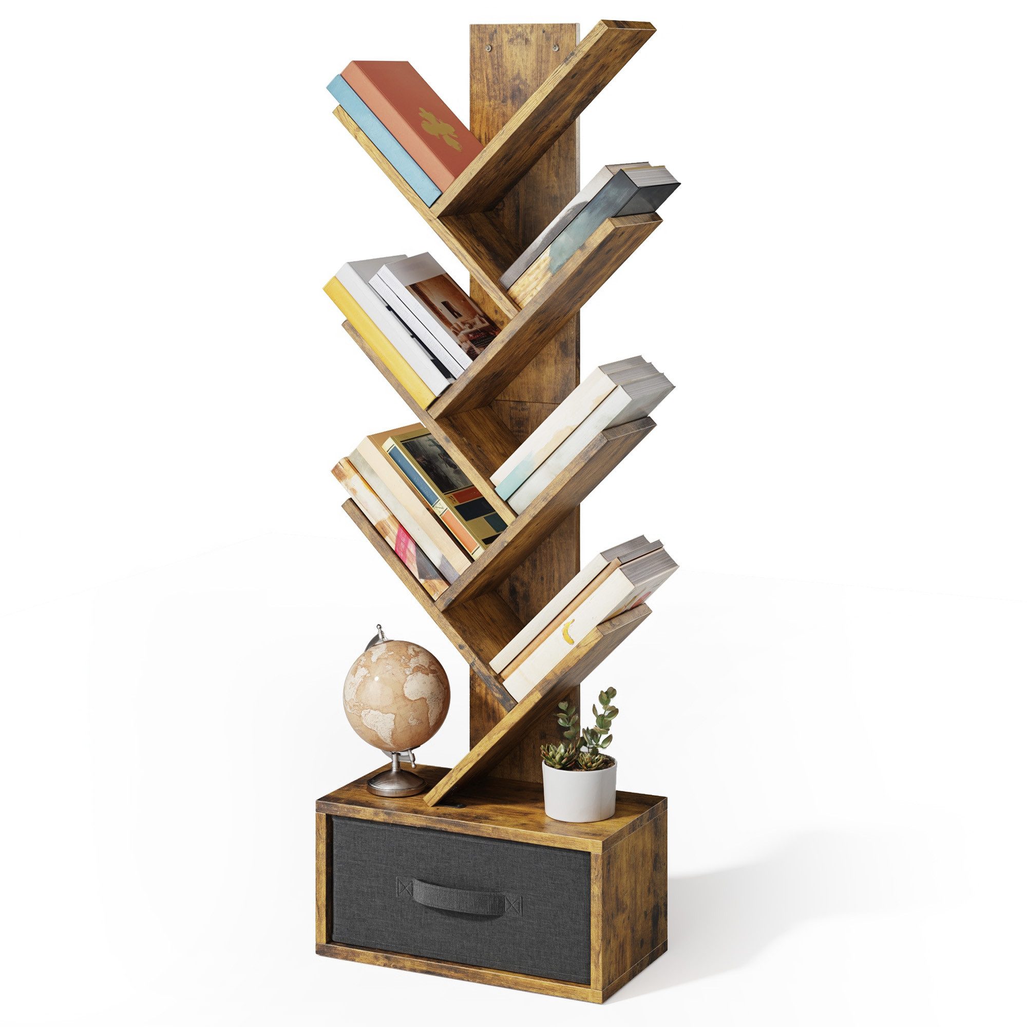 Bealife Bücherregal, Baumform, Standregal 7 Ebenen, Eckregal,mit Schublade