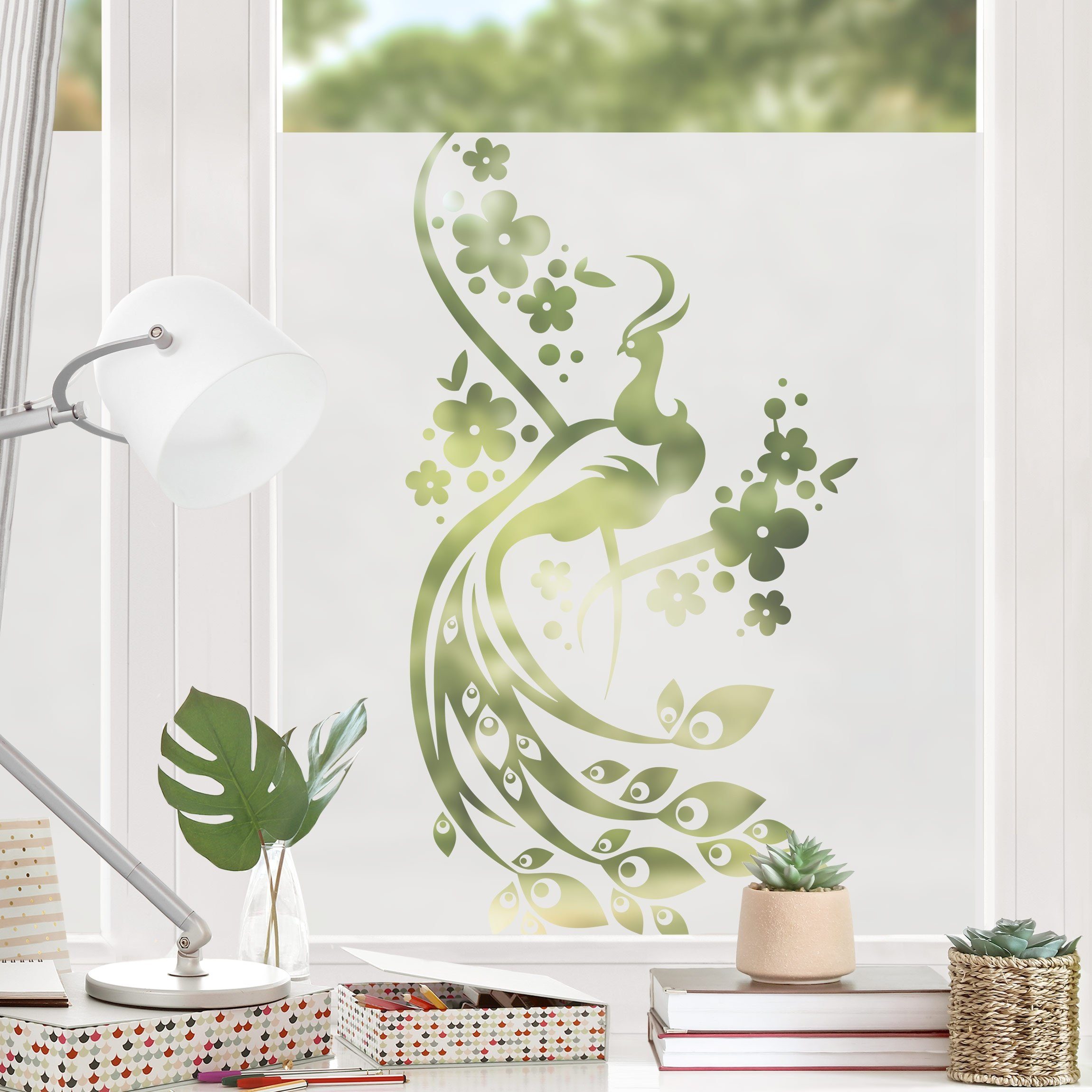 Bilderdepot24 Fensterfolie statisch haftend Motiv Fensterdeko Zauber Pfau II Blume, blickdicht ...