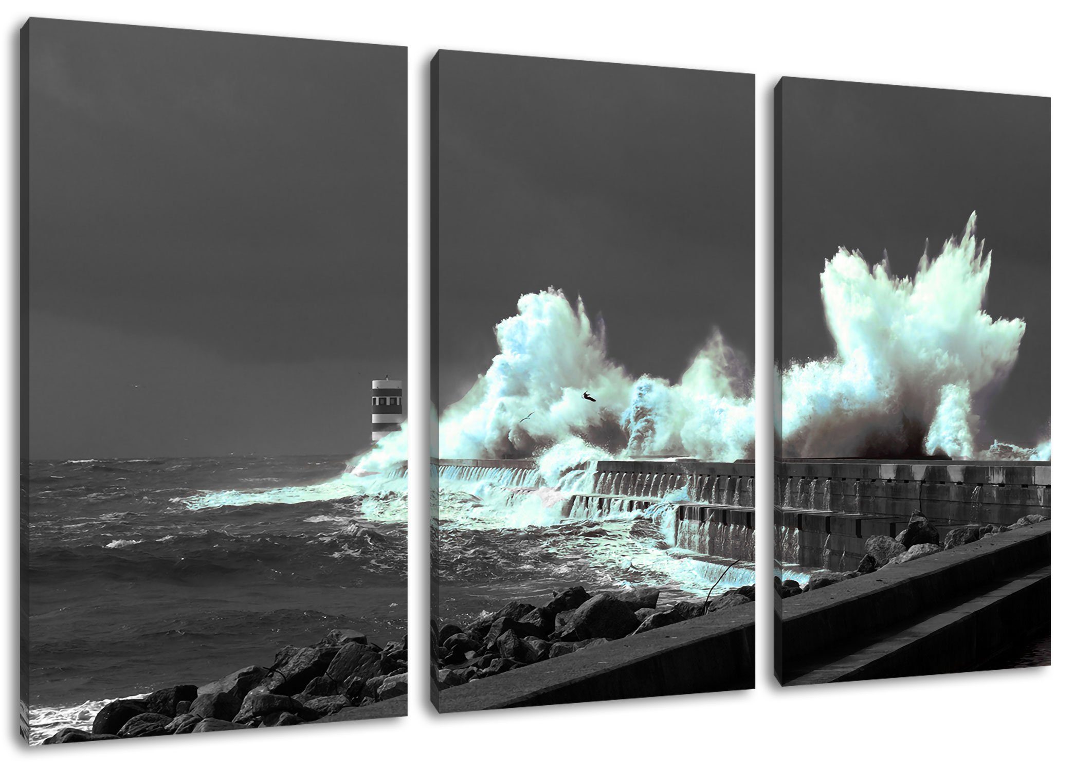 Pixxprint Leinwandbild unruhiges Meer und hohe Wellen, unruhiges Meer und hohe Wellen 3Teiler ...