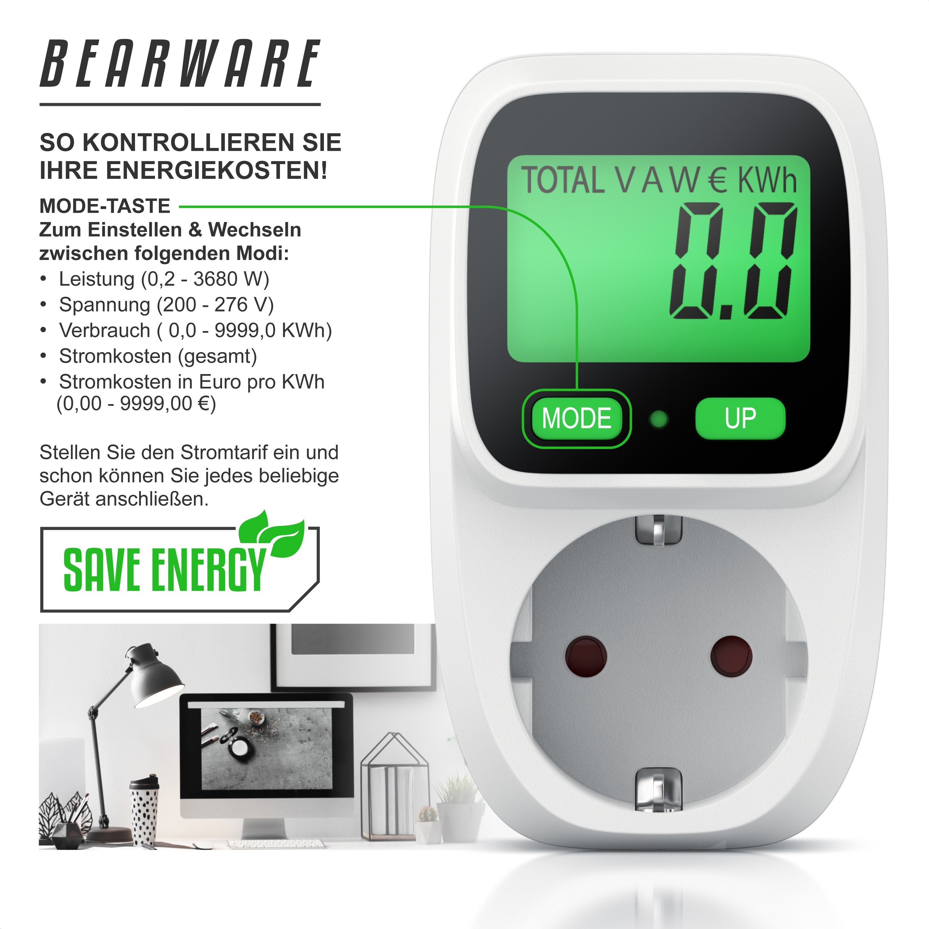 BEARWARE Energiekostenmessgerät, Stromverbrauchsmesser, Stromkostenmessgerät mit ...