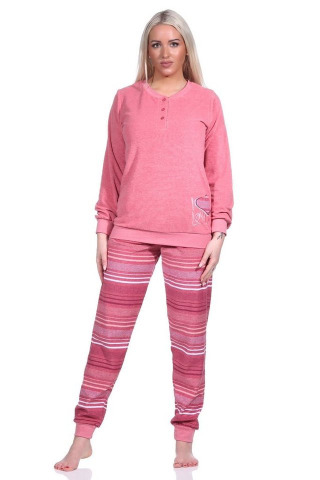 Normann Pyjama Damen Frottee Schlafanzug Langarm Mit Bündchen Hose