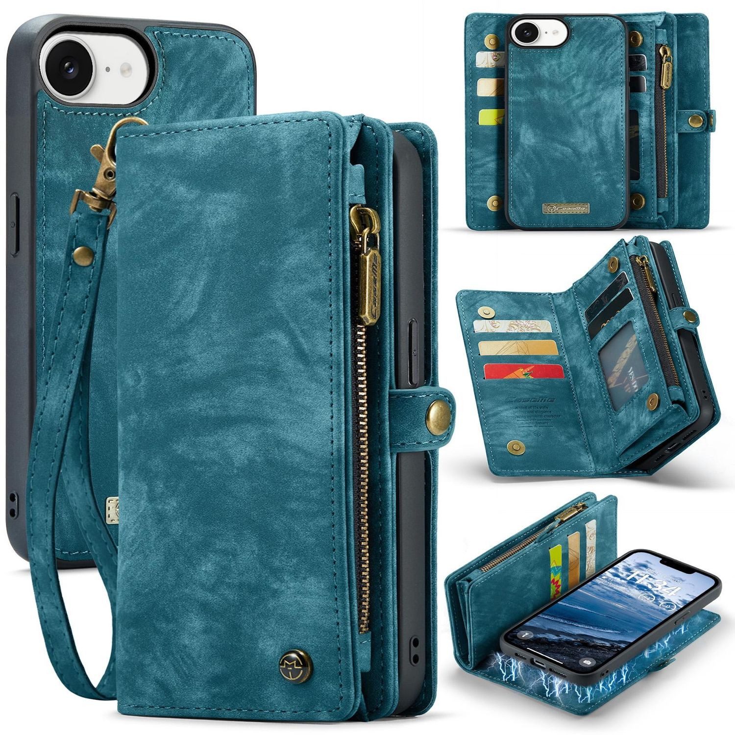 CaseMe Handyhülle Für Apple iPhone 16e Kunstleder Multifunktion Zipper Tasche Hülle Blau ...