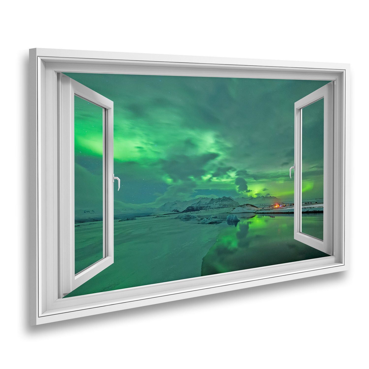 islandburner Leinwandbild Fensterblick Polarlicht über der Jokulsarlon Lagune in Island Sagenhaf