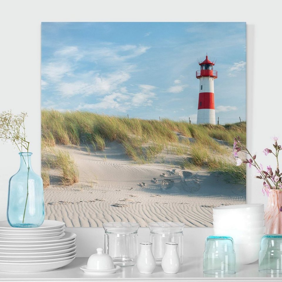 Bilderdepot24 Leinwandbild Kunstdruck Strand Meer Leuchtturm Der