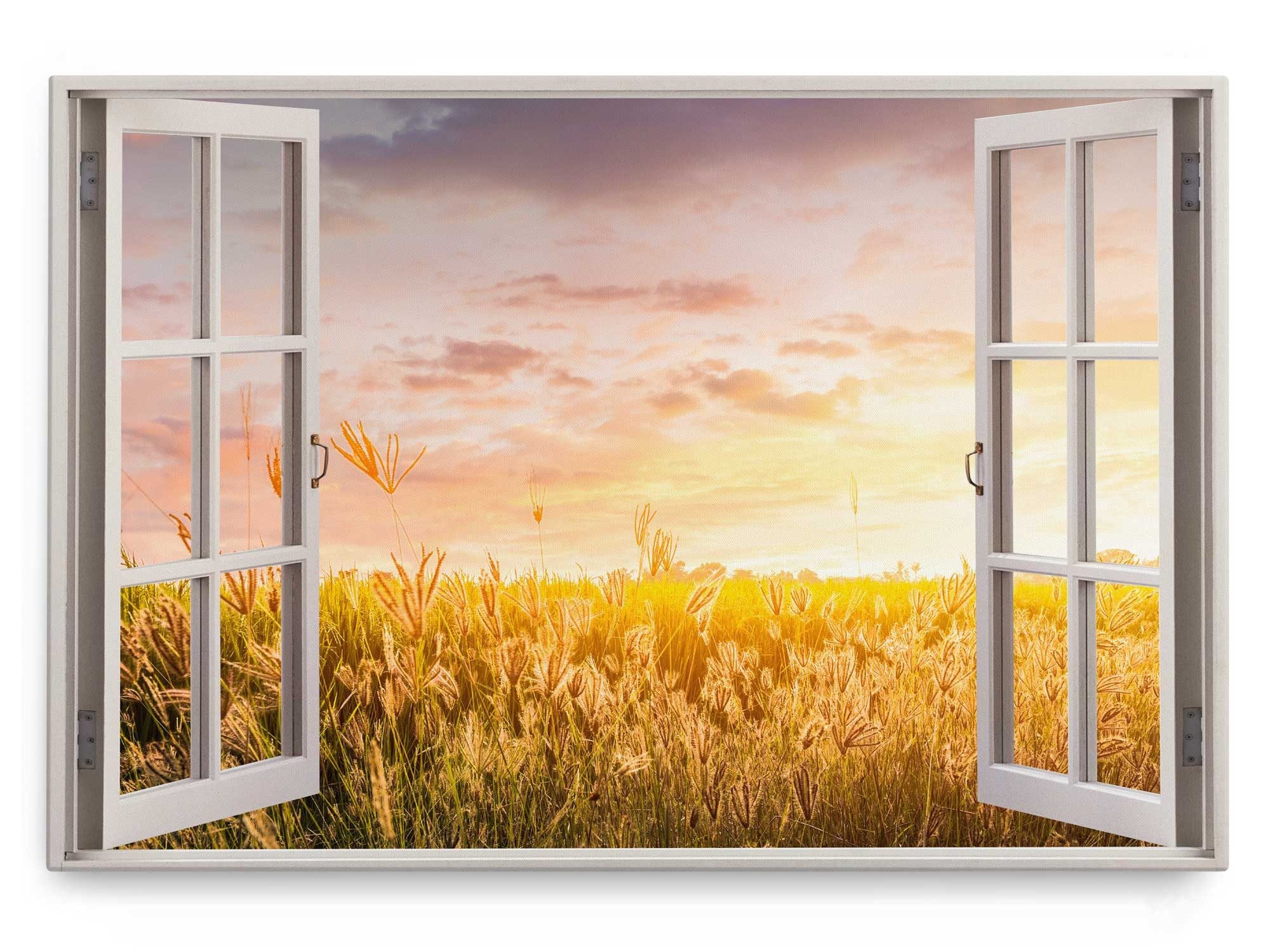 Sinus Art Leinwandbild Wandbild 120x80cm Fensterbild Horizont Weizenfeld Feld Sommer Sonnensc ...