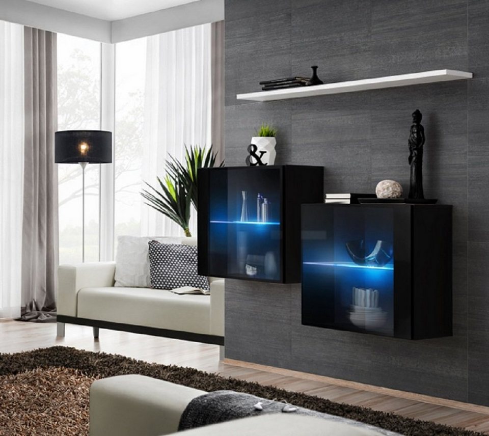 Jvmoebel Wohnwand Schwarz Wohnwand Vitrine Wand Regal Modern Designer