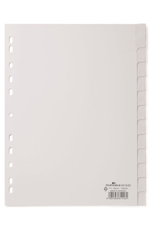 DURABLE Dämmplatte DURABLE Kunststoff-Register, A4, PP, 12-teilig, weiß DURABLE Dämmplatte DURABLE Kunststoff-Register, A4, PP, 12-teilig, weiß