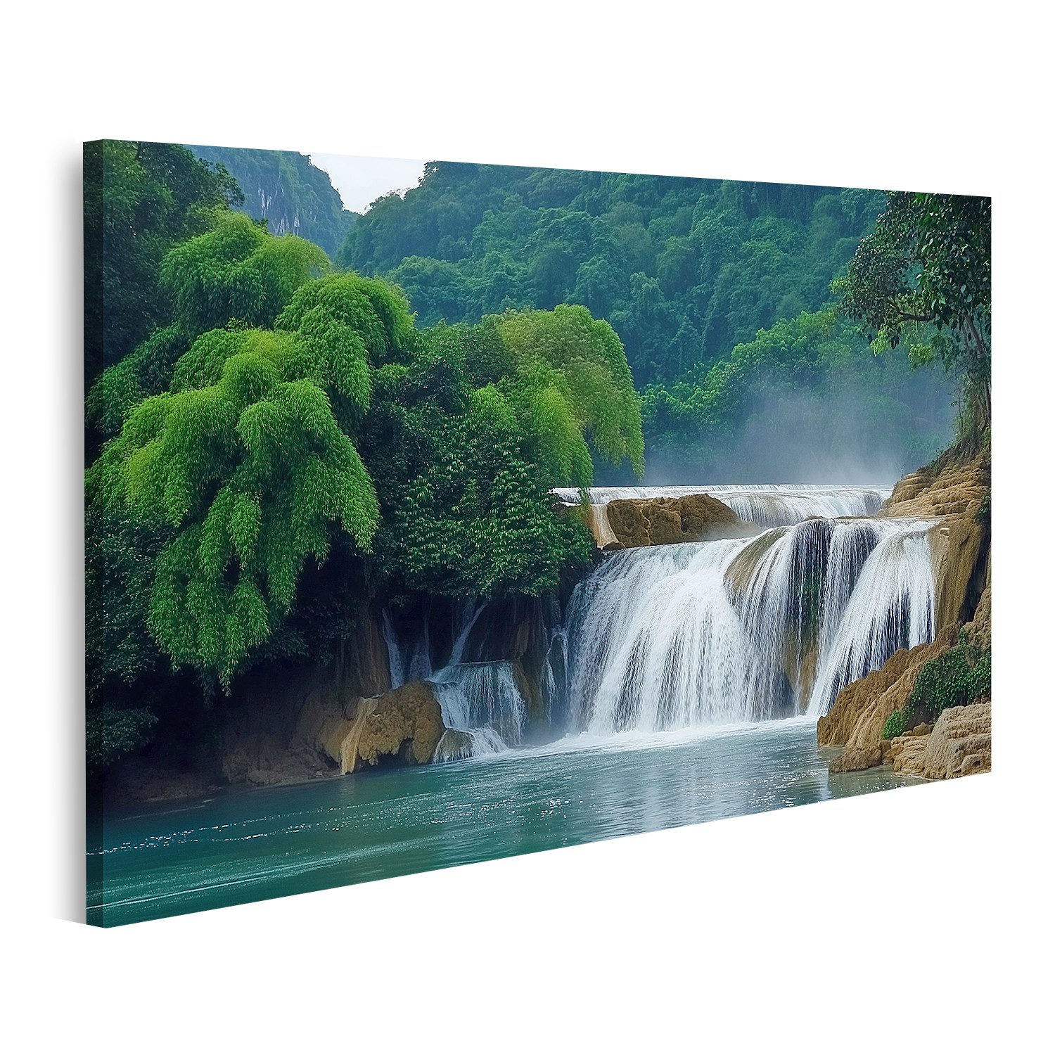 islandburner Leinwandbild, Majestätischer Wasserfall im tropischen Dschungel, Format: 80x40cm