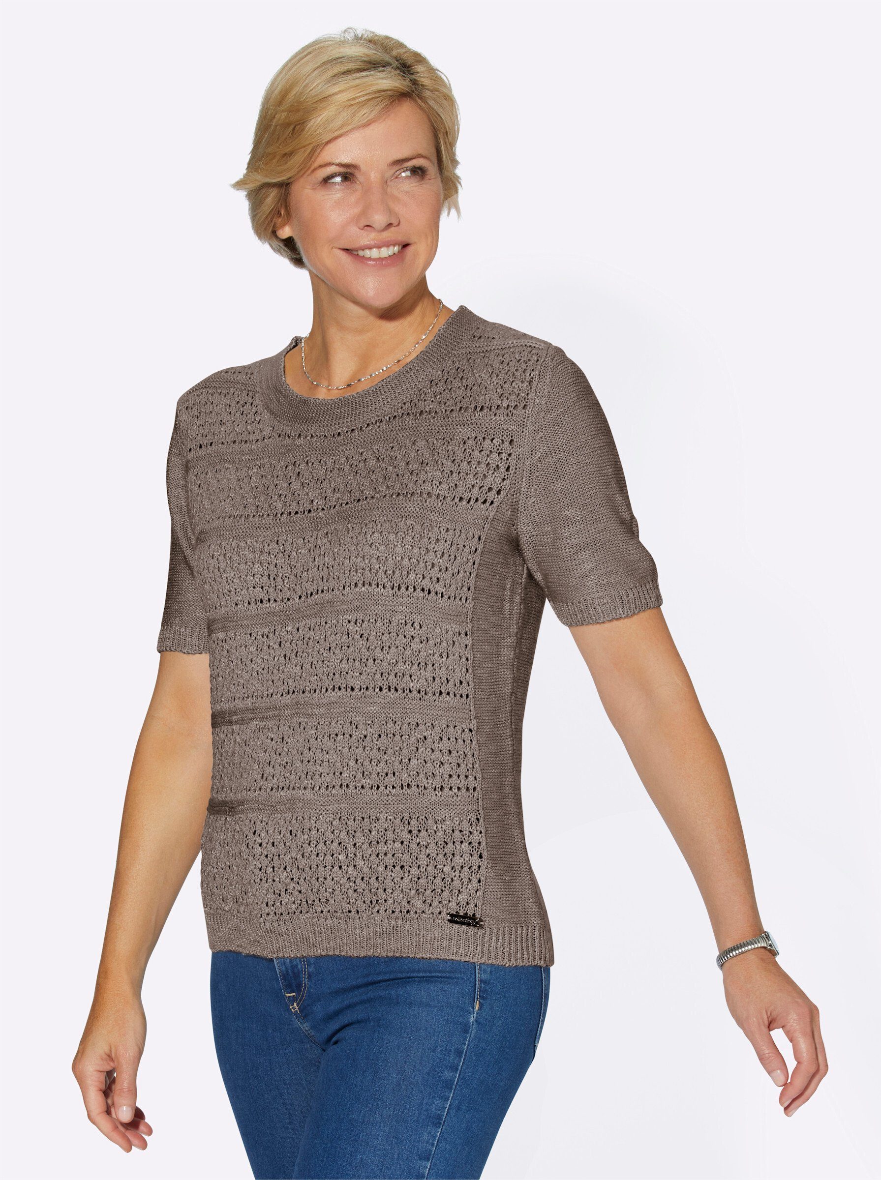 Witt Strickpullover Kurzarmpullover, Strickmuster mit Ajour im Vorderteil