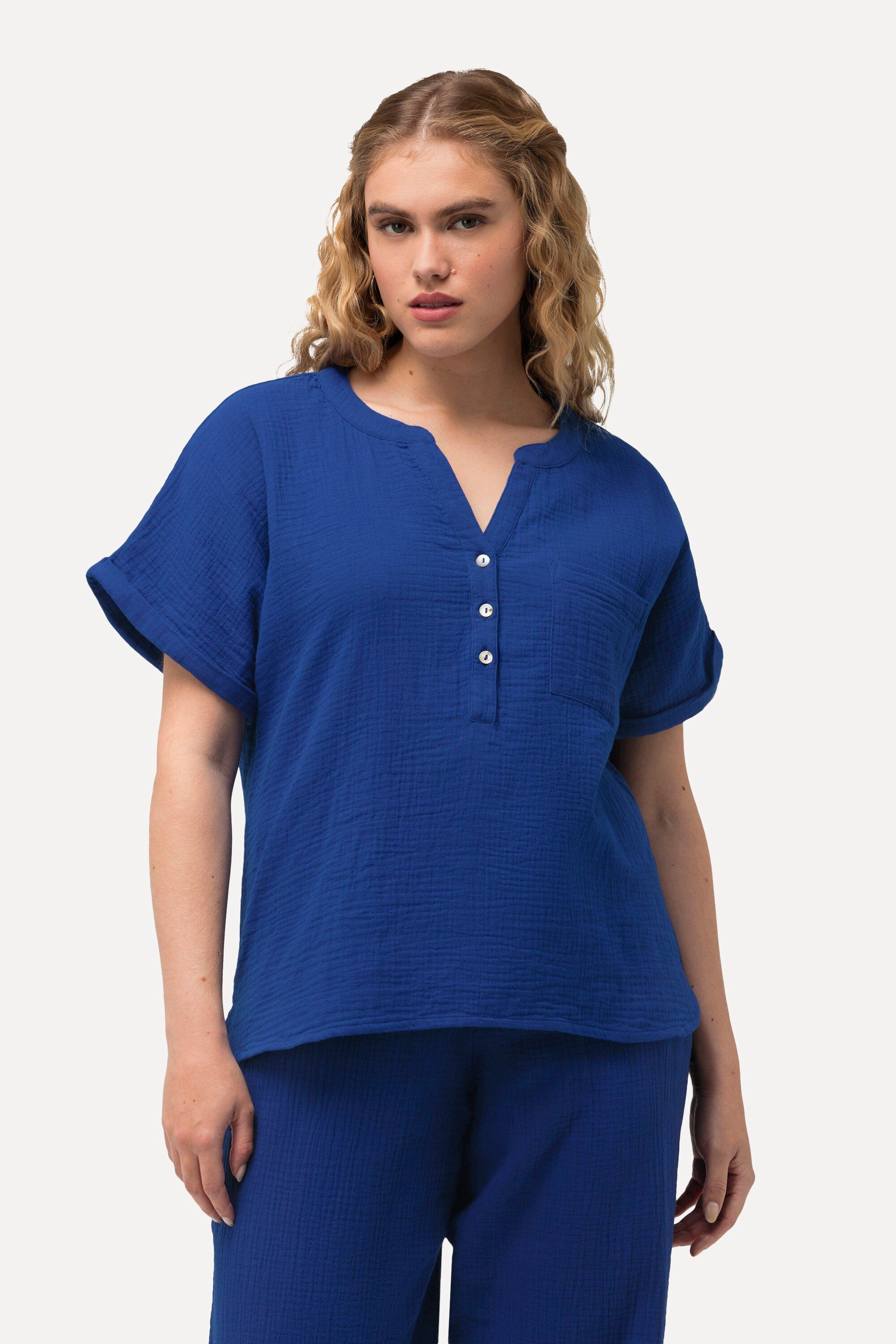 Ulla Popken Druckbluse Musselin Bluse Oversized Tunika Ausschnitt Halbarm