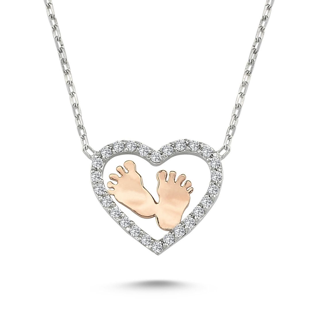 EinStein Diamant Goldkette Halskette Anhänger Baby-Füße in Herz 14 Karat Rose und Weißgold
