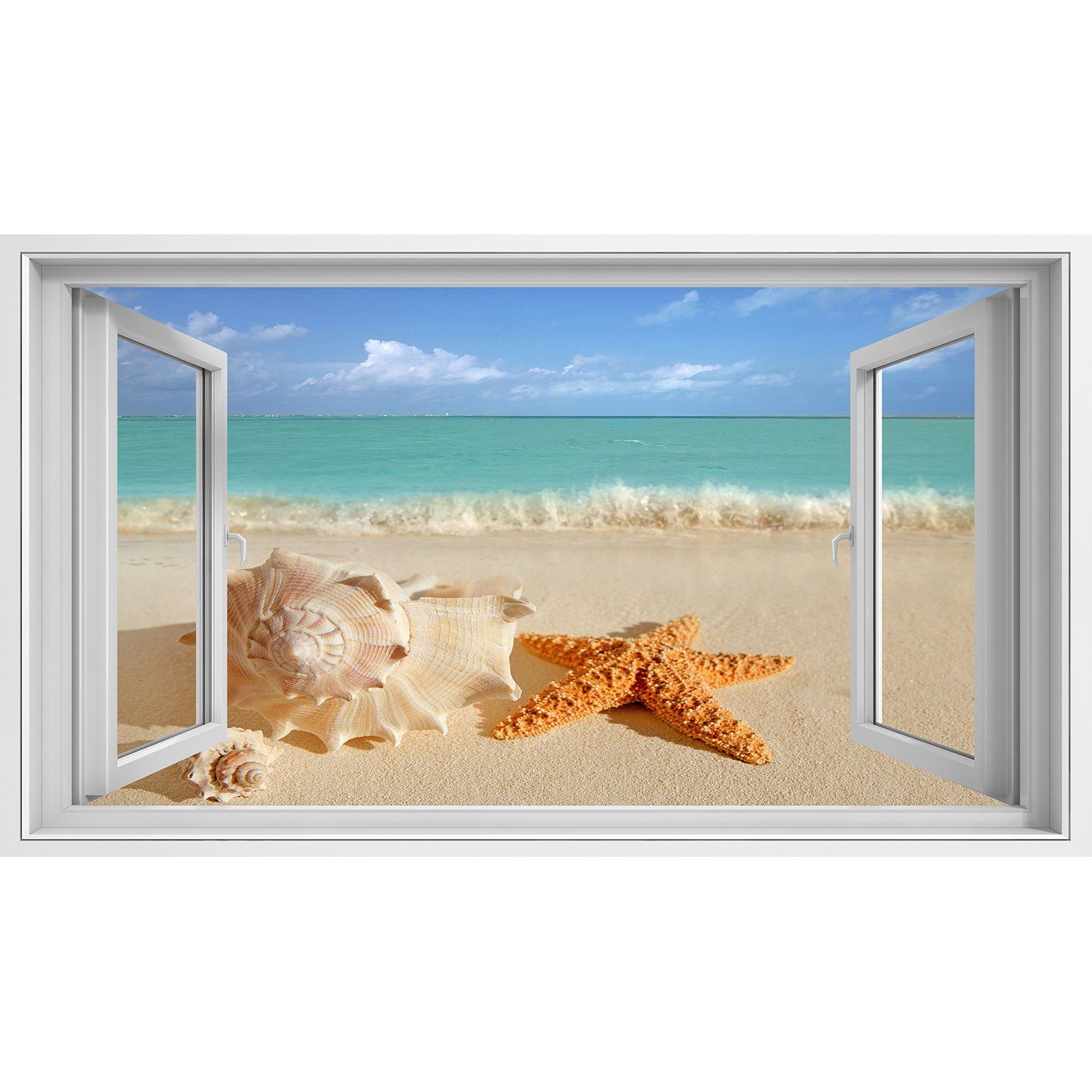 islandburner Leinwandbild »Fensterblick Muscheln Seestern auf tropischem Sand Türkis Karibik Somm«