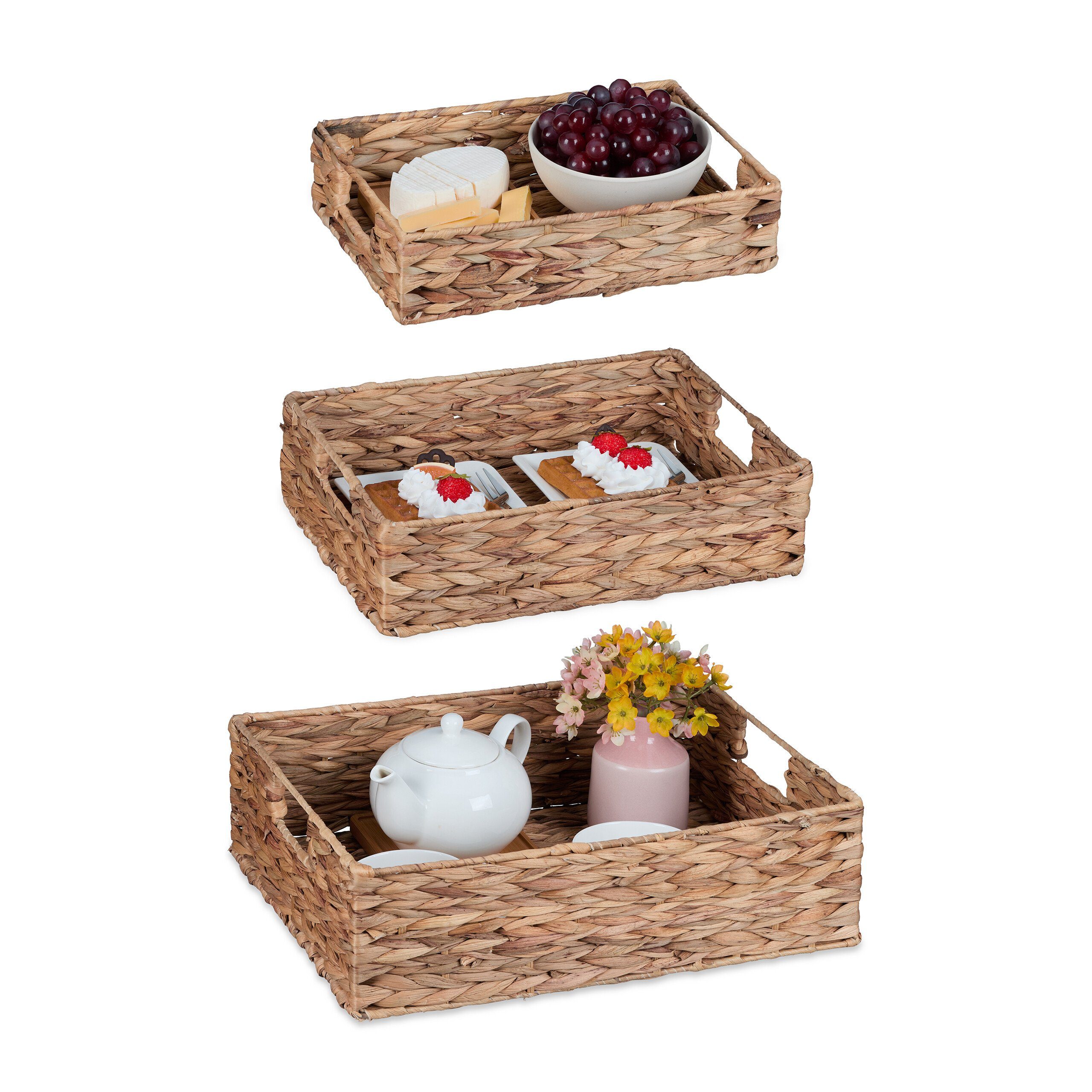 Relaxdays Tablett 3er Set Tablett Wasserhyazinthe Pflanzenfaser