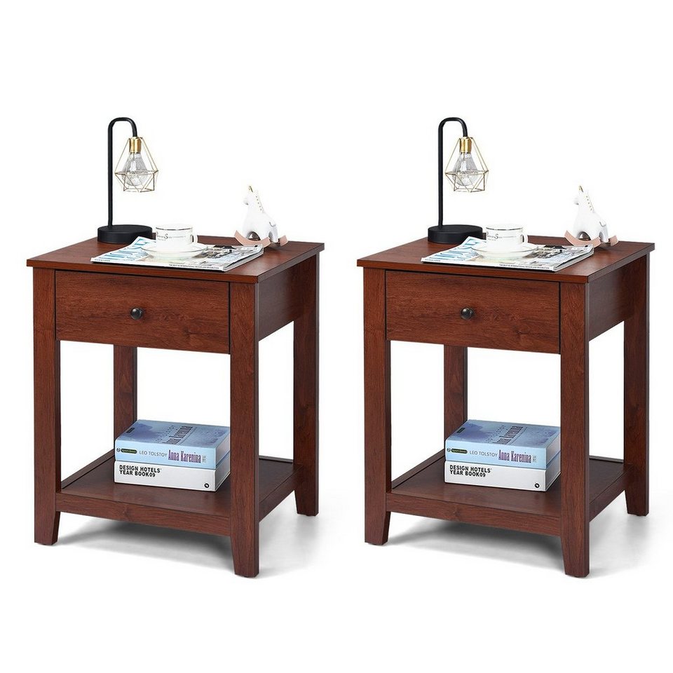 Costway Nachttisch 2er Set Mit Schublade And Ablage Holz Braun