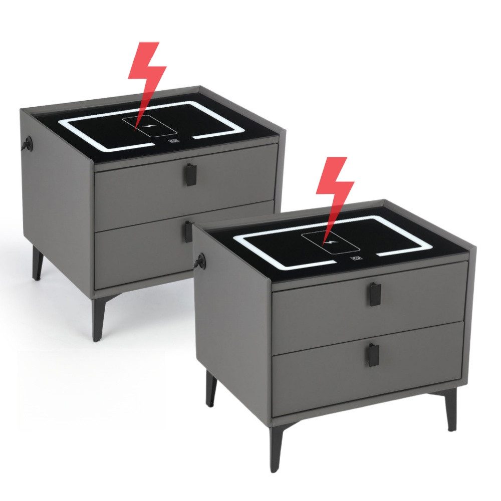 LETGOSPT Nachttisch 2er Set Nachttisch mit kabelloser Ladestation, USB und Touch-LED-Licht (2-St ...