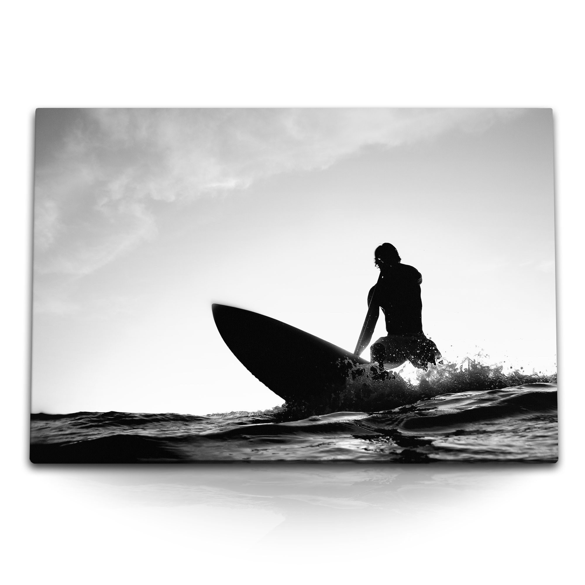 Sinus Art Leinwandbild 120x80cm Wandbild auf Leinwand Surfer Schwarz Weiß Wellen Ozean Wellen ...
