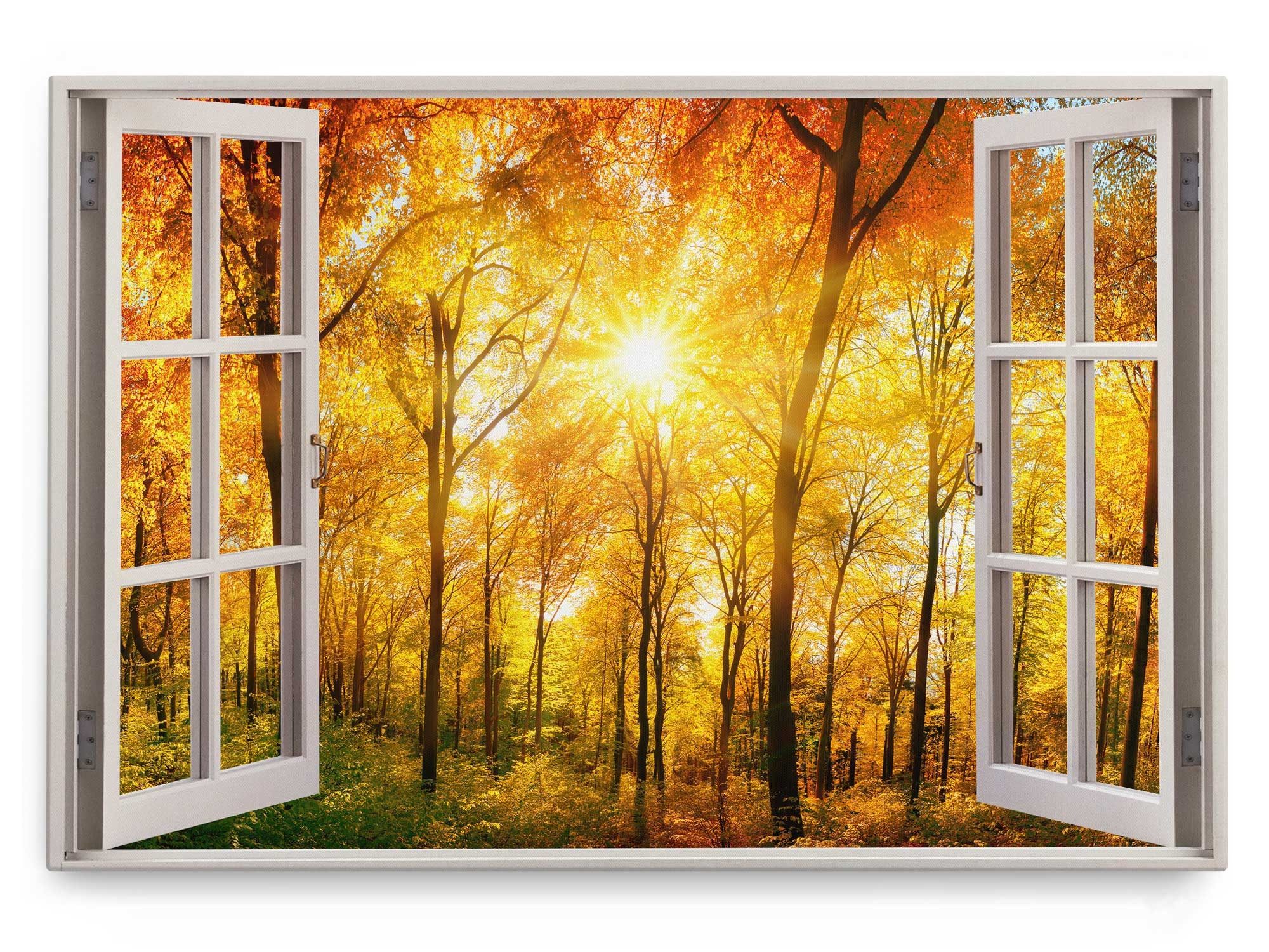 Sinus Art Leinwandbild Wandbild 120x80cm Fensterbild Wald Herbstgold Bäume Sonnenstrahlen Nat ...
