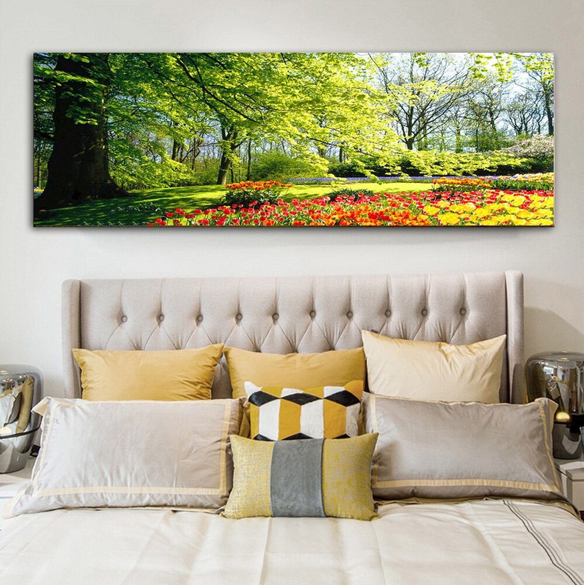 TPFLiving Kunstdruck (OHNE RAHMEN) Poster - Leinwand - Wandbild, Landschaft Rot Grün Gold Baum ...