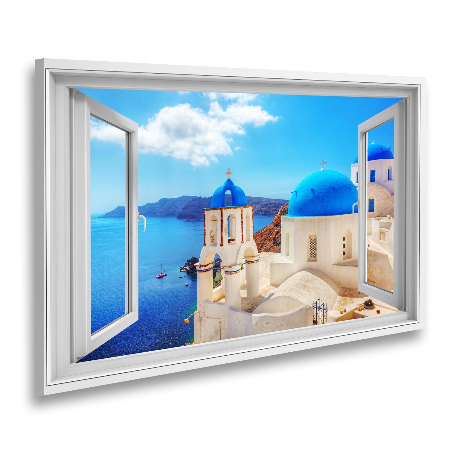 islandburner Leinwandbild Fensterblick Stadt Oia auf der Insel Santorin Griechenland Sagenhafter