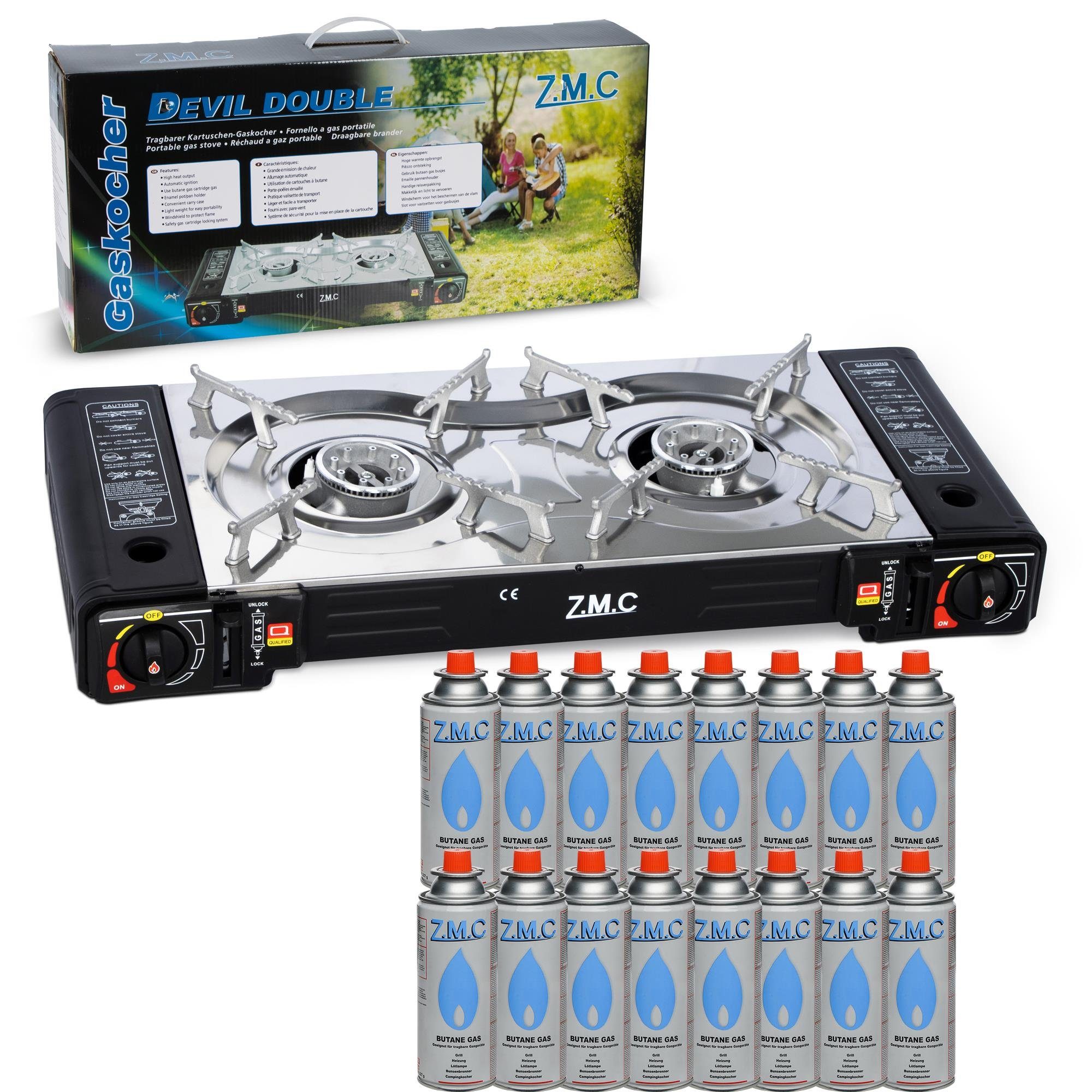 ZMC Gaskocher Doppel Kartuschenkocher Gaskocher 2 Flammig + 16x Gaskartuschen 227g, (MSF-1a ...