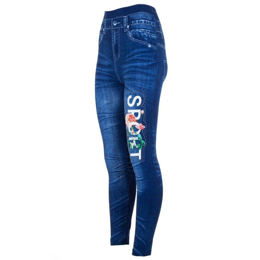 Ital Design Leggings Damen Freizeit Jeansstoff Textprint Stretch