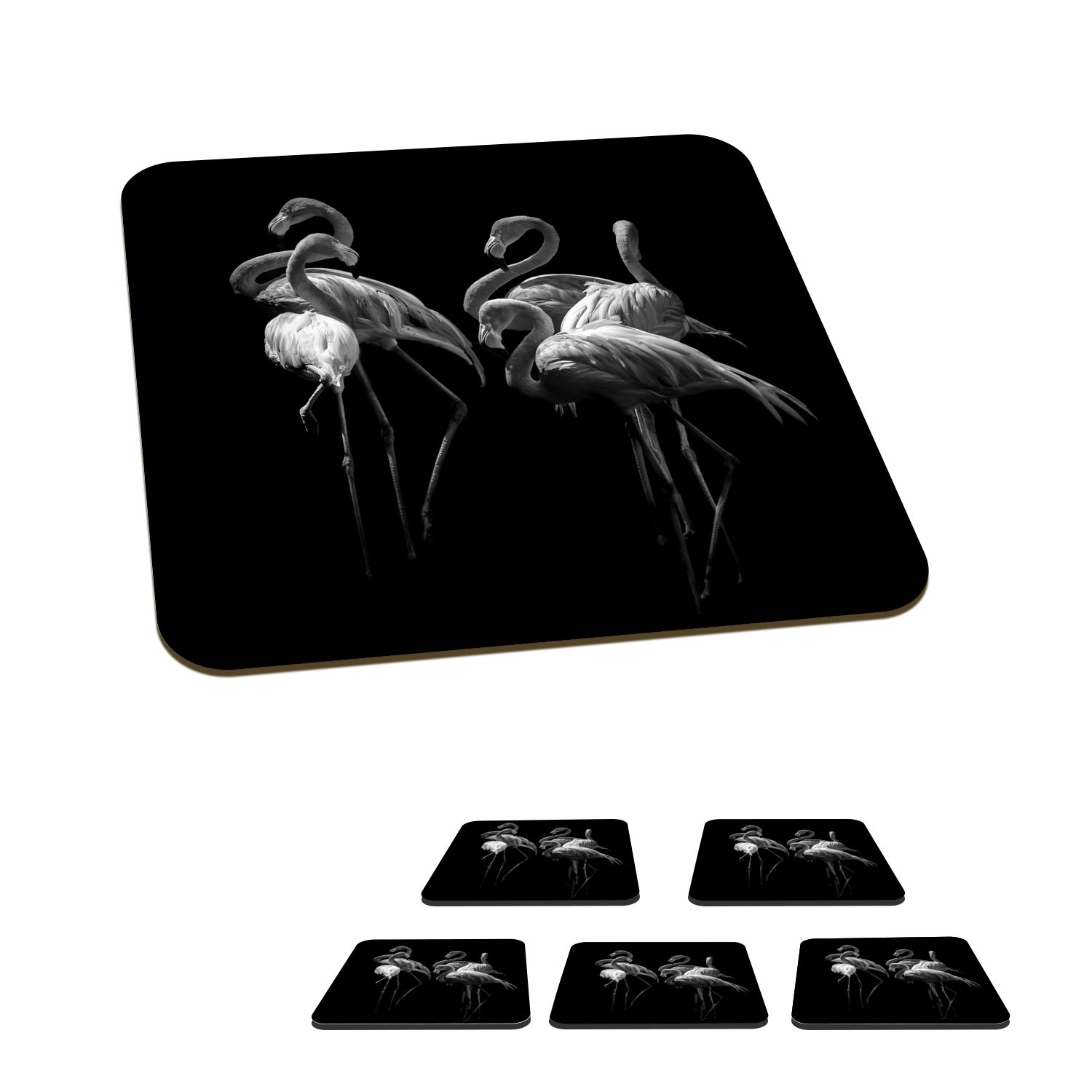 Muchowow Glasuntersetzer Gruppe Von Flamingos Auf Schwarzem Hintergrund