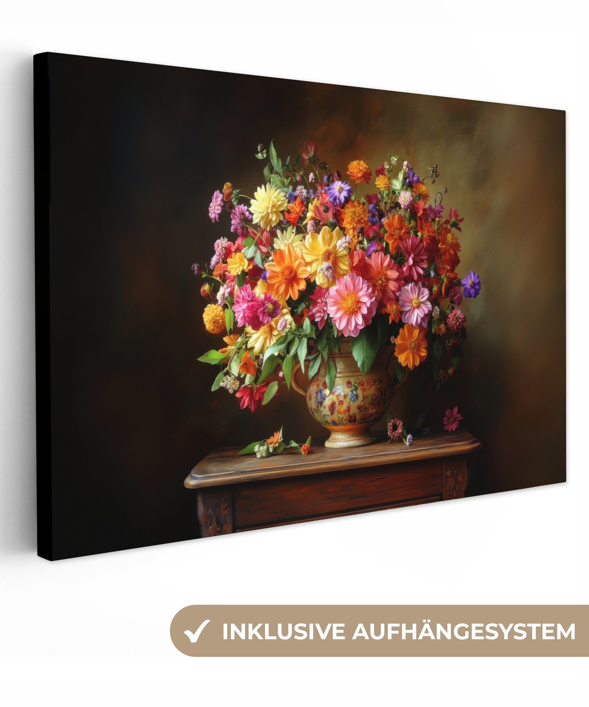 Onemillioncanvasses® Leinwandbild Farben Blumenstrauß Vase Holz