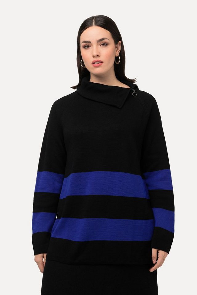 Ulla Popken Strickpullover Pullover Schräger Troyerkragen Streifen Langarm