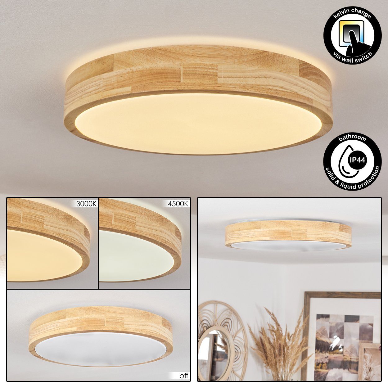 hofstein Deckenleuchte »Aeolians« runde Deckenlampe aus Metall/Kunststoff/Holz in Natur/Weiß ...