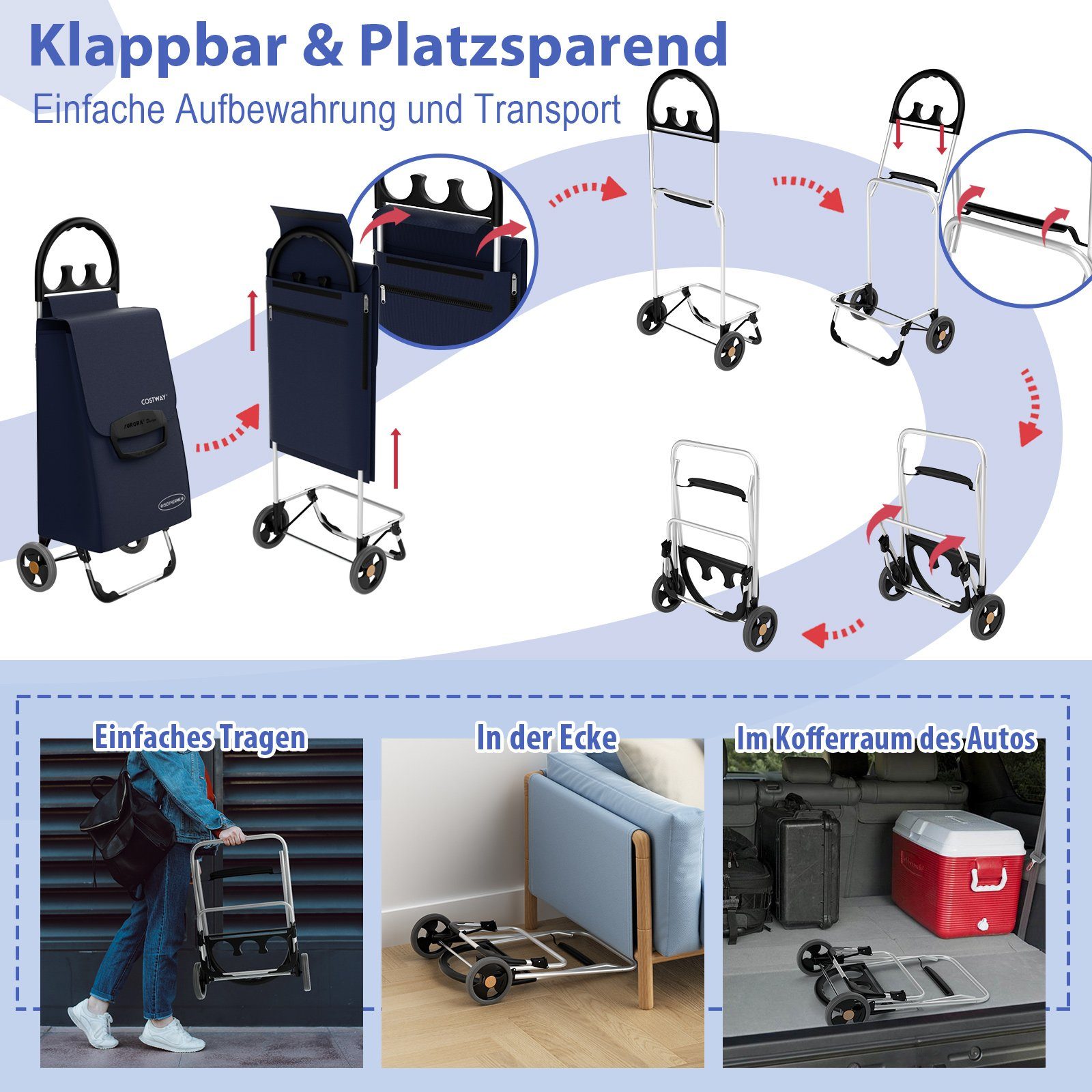 COSTWAY Einkaufstrolley, 70 l, mit abnehmbarer Tasche & Griff, klappbar ...