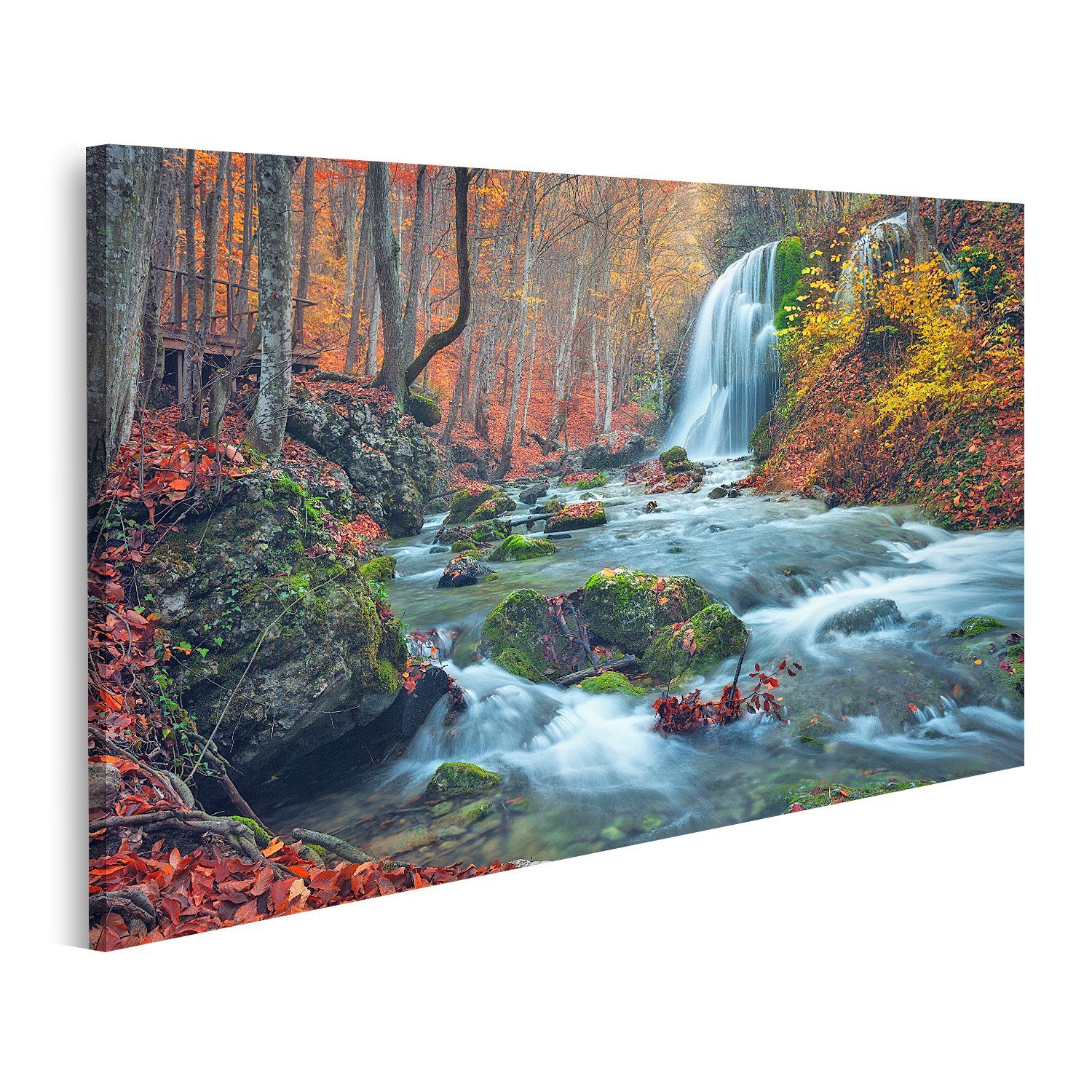 islandburner Leinwandbild »Bild auf Leinwand Schöne Wasserfall Herbst Wald Krim Berge Sonne ...