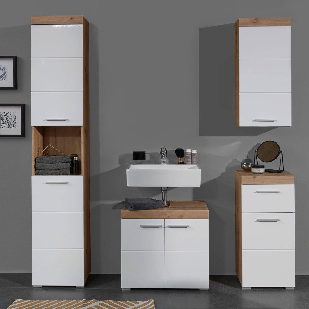 Lomadox Badmöbel-Set ALTENA-19, (Spar-Set, 4-St), in Weiß Hochglanz mit Absetzungen in Asteiche ...
