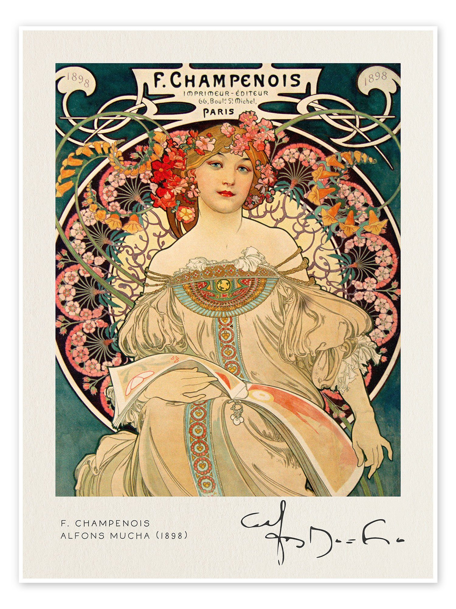 Posterlounge Poster Alfons Mucha, F. Champenois, 1898, Wohnzimmer Vintage Malerei