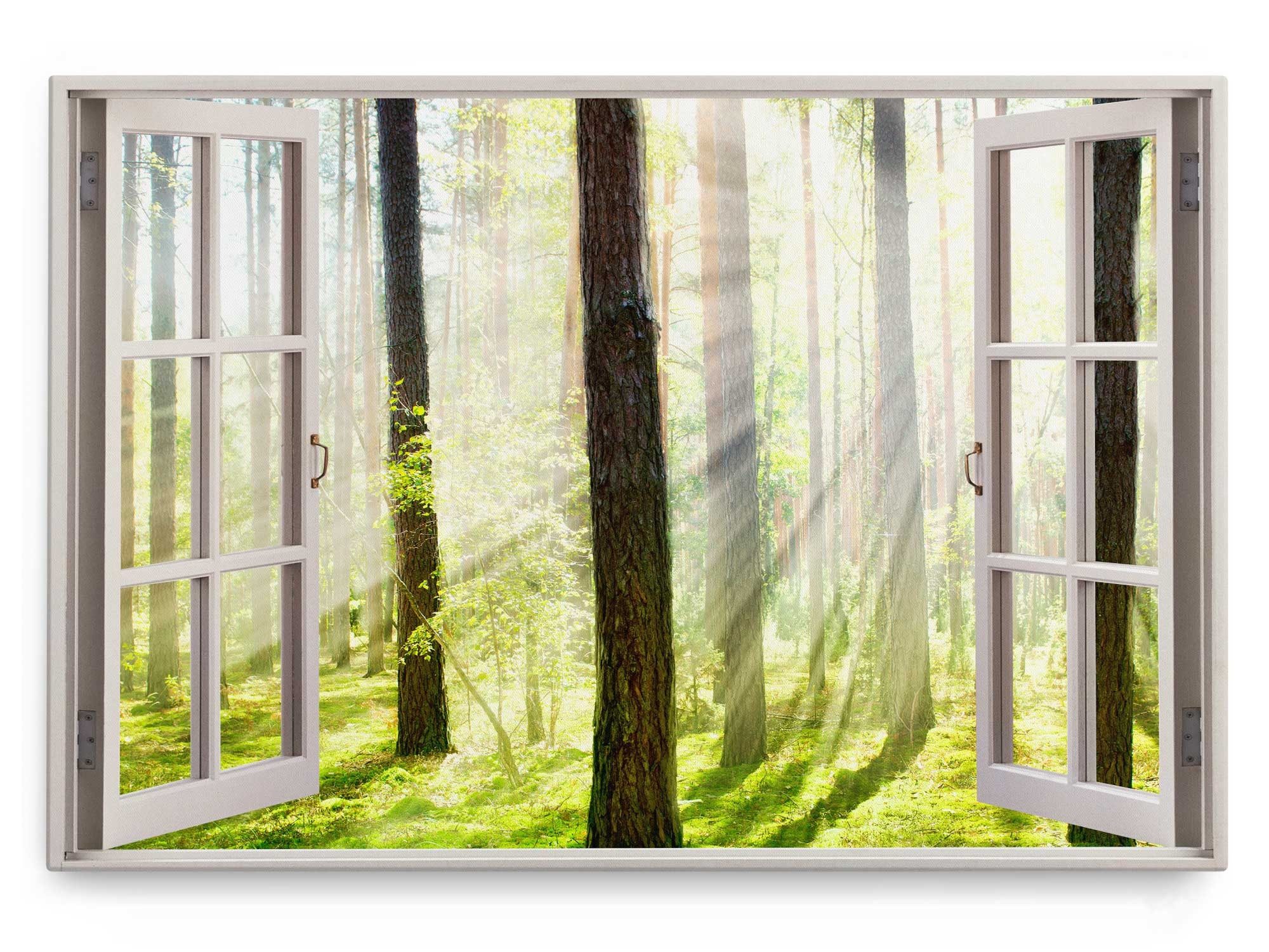 Sinus Art Leinwandbild Wandbild 120x80cm Fensterbild Lichtstrahlen Wald Grün Sonnenlicht Natu ...