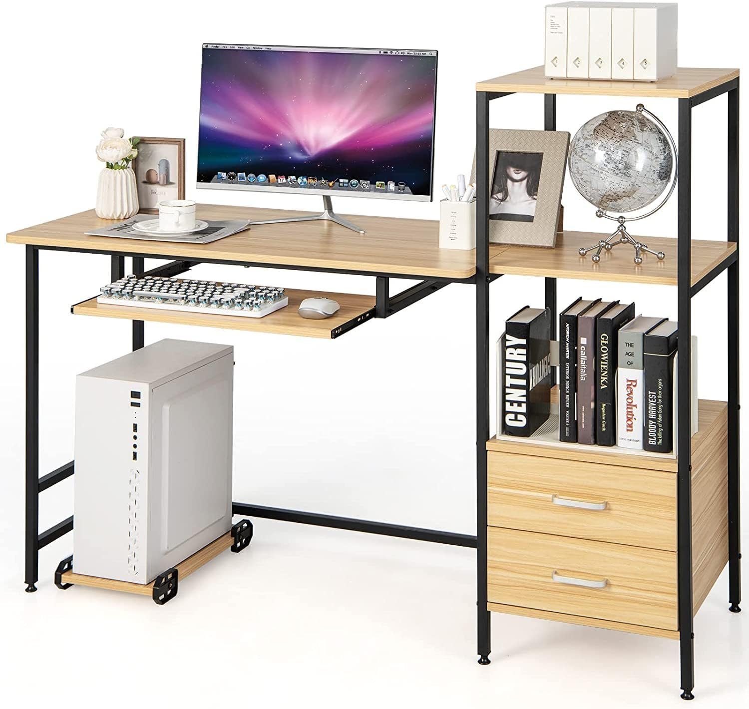 KOMFOTTEU Computertisch mit Regalen, mit 2 Schubladen, Tastaturablage ...