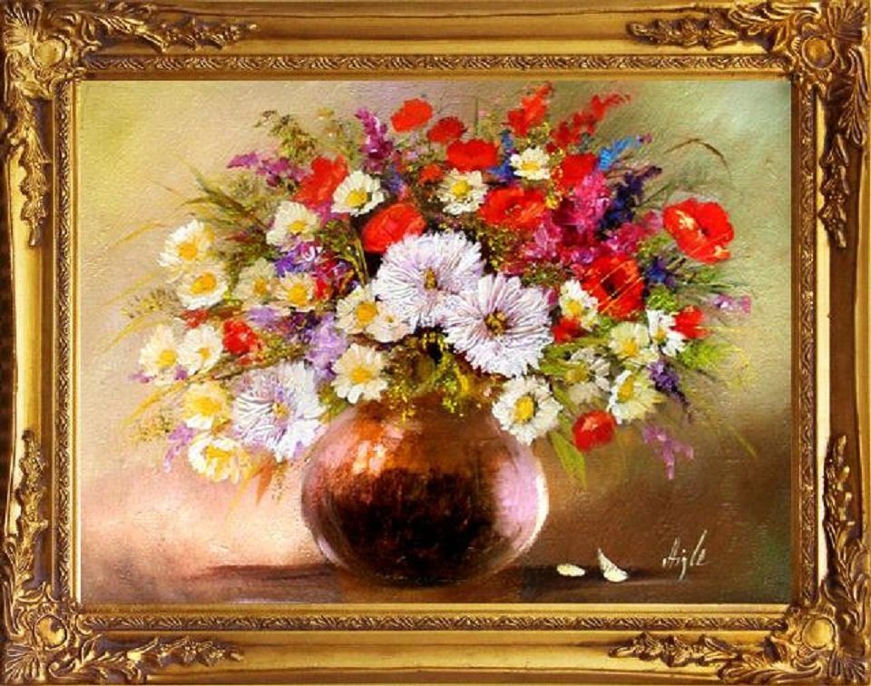 Jvmoebel Gemälde Blumenstrauß Vase Gemälde Ölgemälde Ölbild Mit Rahmen