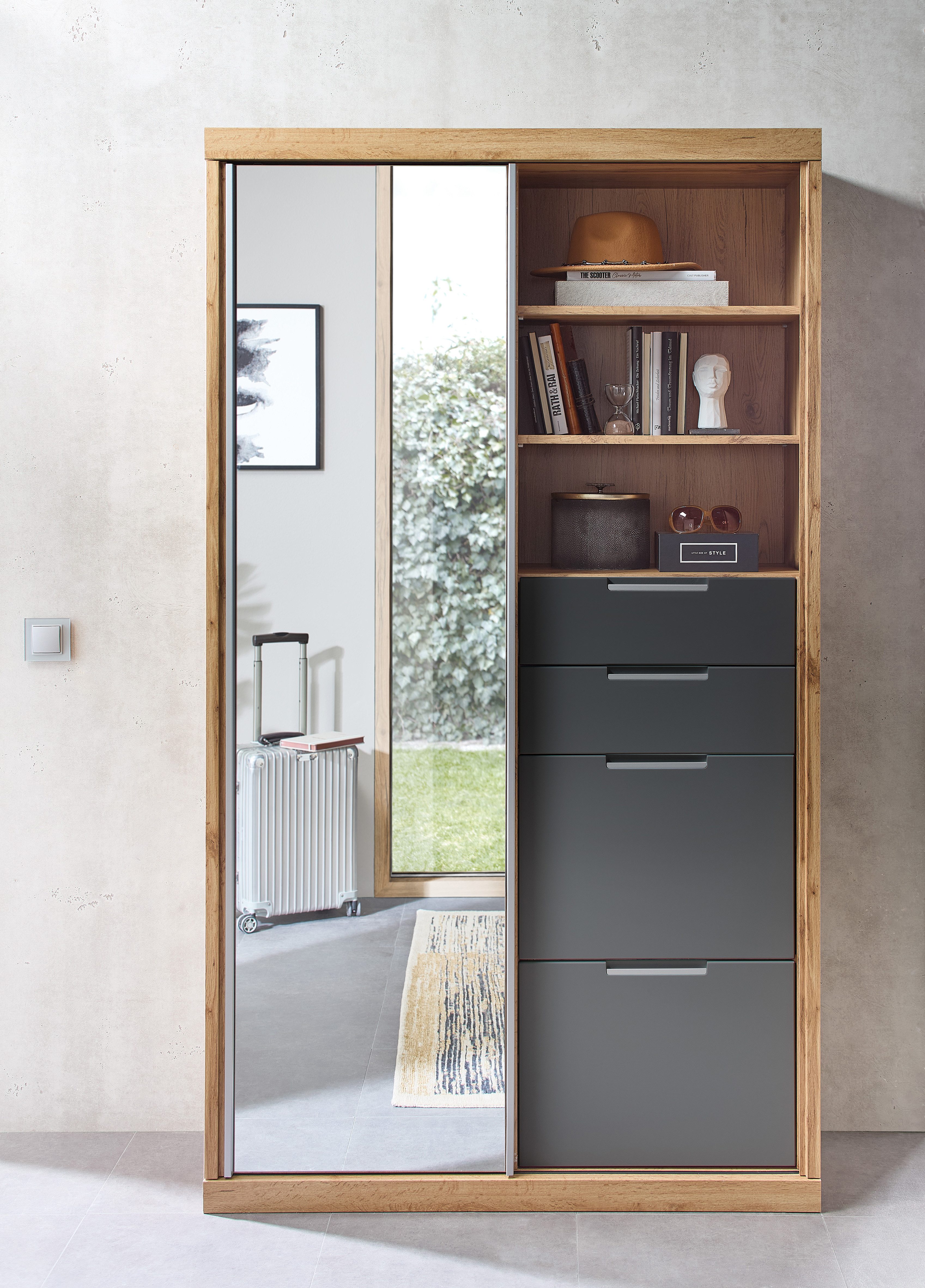 Innostyle Garderobenschrank SINGLE TWO (1-St) 1 Spiegel-/Schiebetür, 2 Schubkästen, 2 Klappen ...