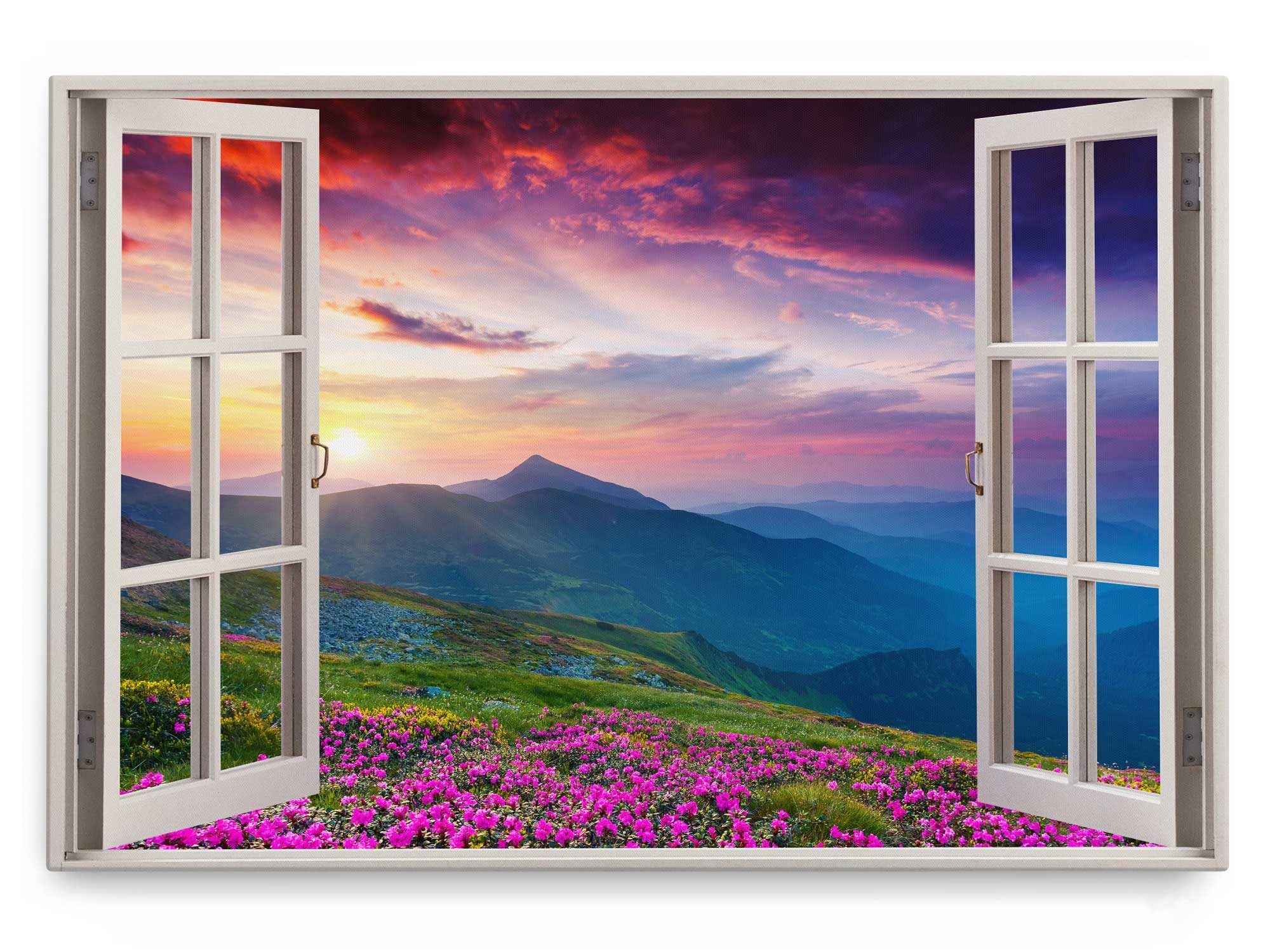 Sinus Art Leinwandbild Wandbild 120x80cm Fensterbild Abendrot Berge Blau Blumen Wiesen Sonnen ...