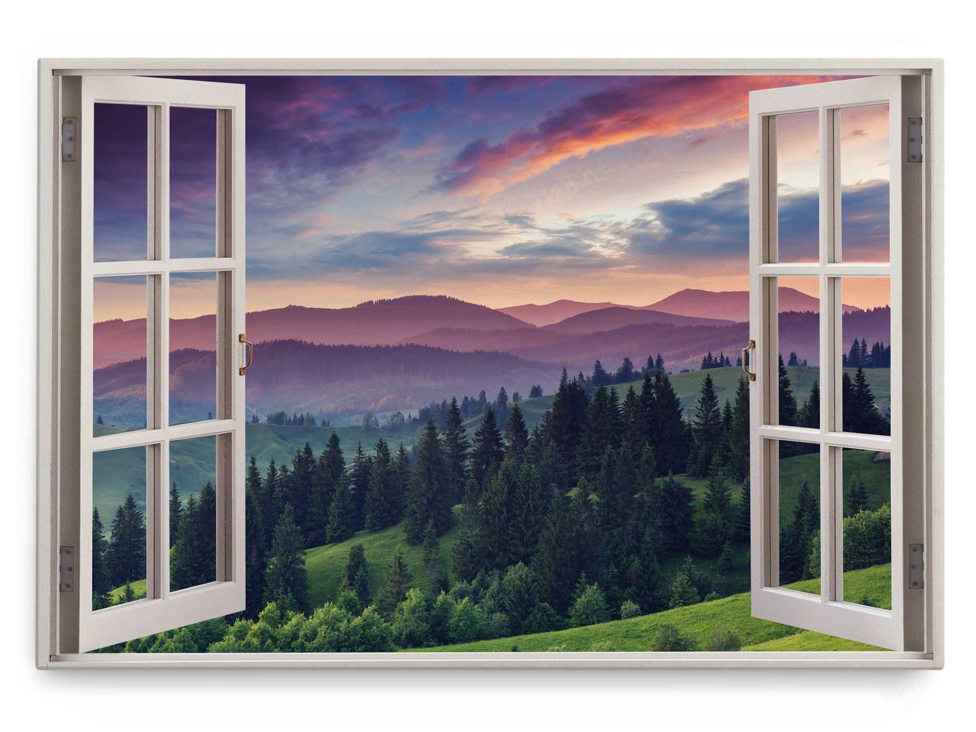 Sinus Art Leinwandbild Wandbild 120x80cm Fensterbild Natur Berge Tannen Wald Grün Sonnenunter ...