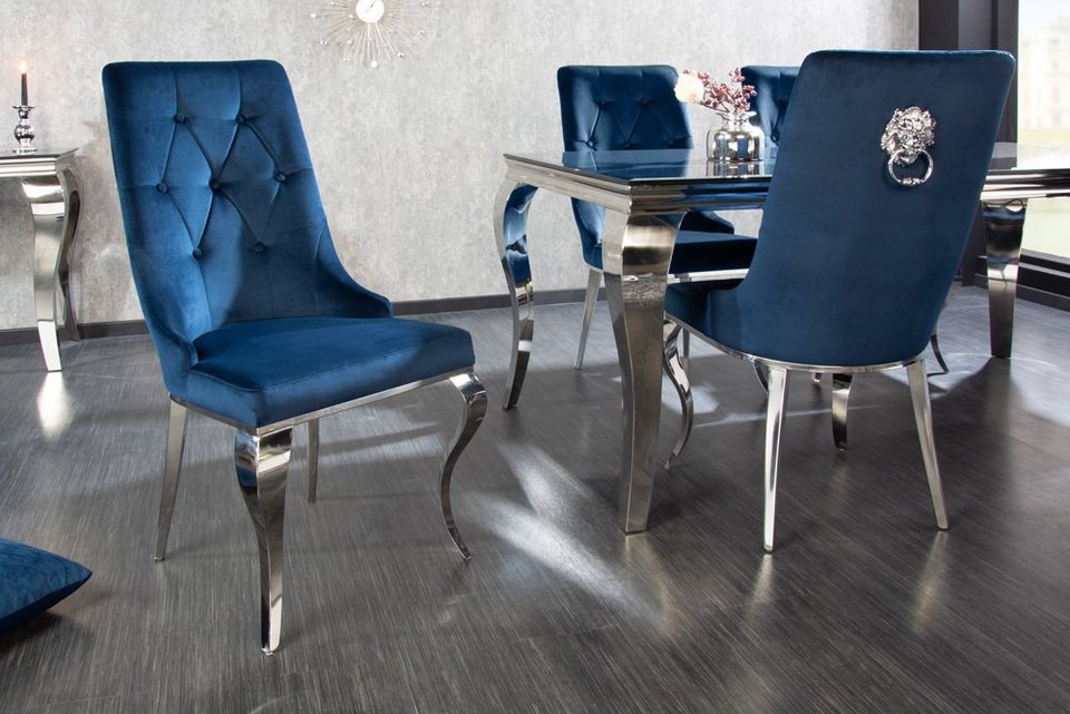 Riess Ambiente Polsterstuhl Modern Barock Royalblau Silber 1 St