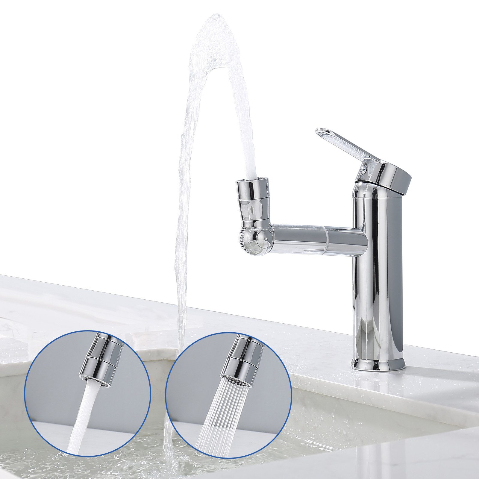 HOMELIVE Badarmatur Wasserhahn Bad 360° Drehbar Waschtischarmatur mit 2 Modi Mischbatterie ...