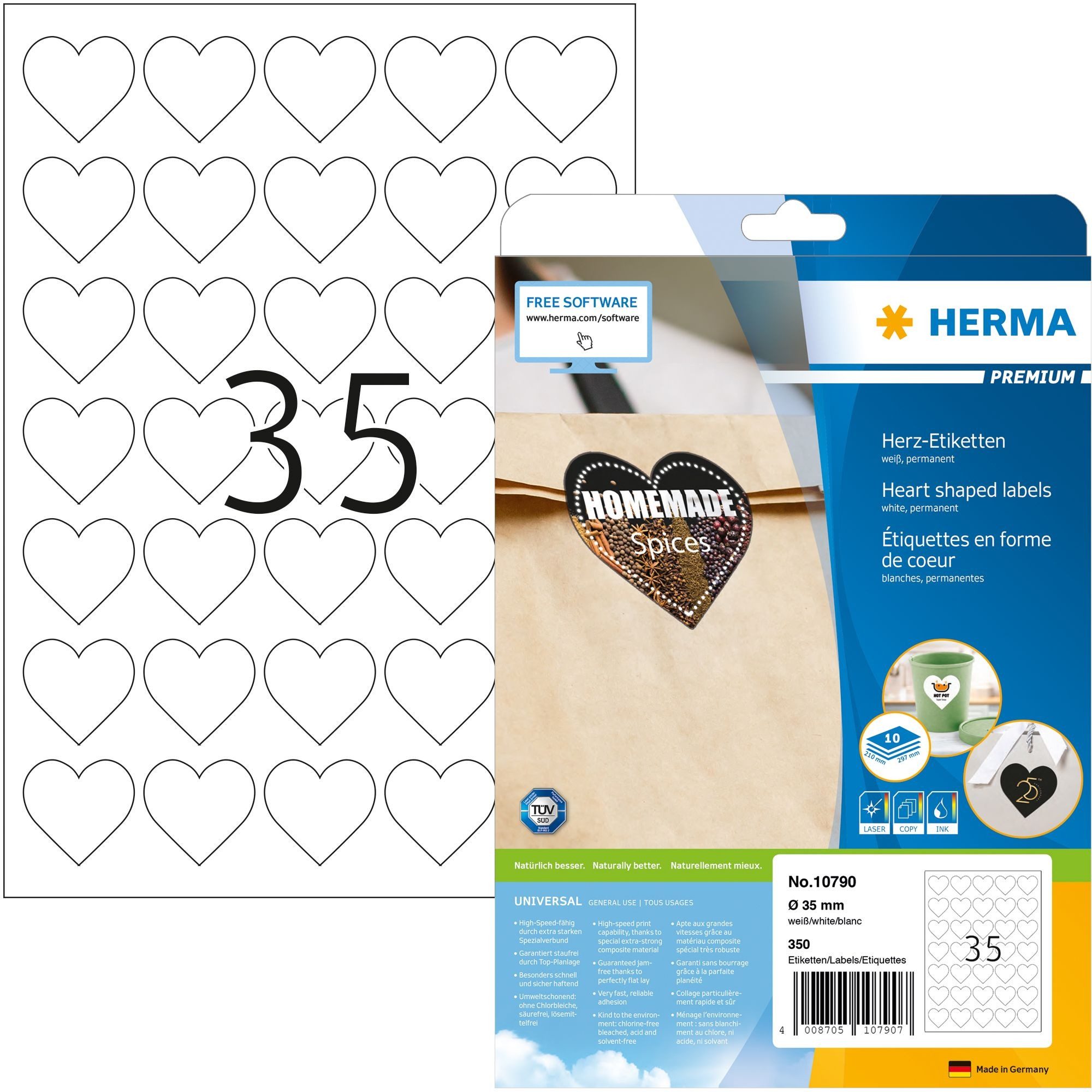 HERMA Etiketten Vielzwecketiketten Premium A4 Herz 35mm weiß VE=350 Stück, Selbstklebende ...
