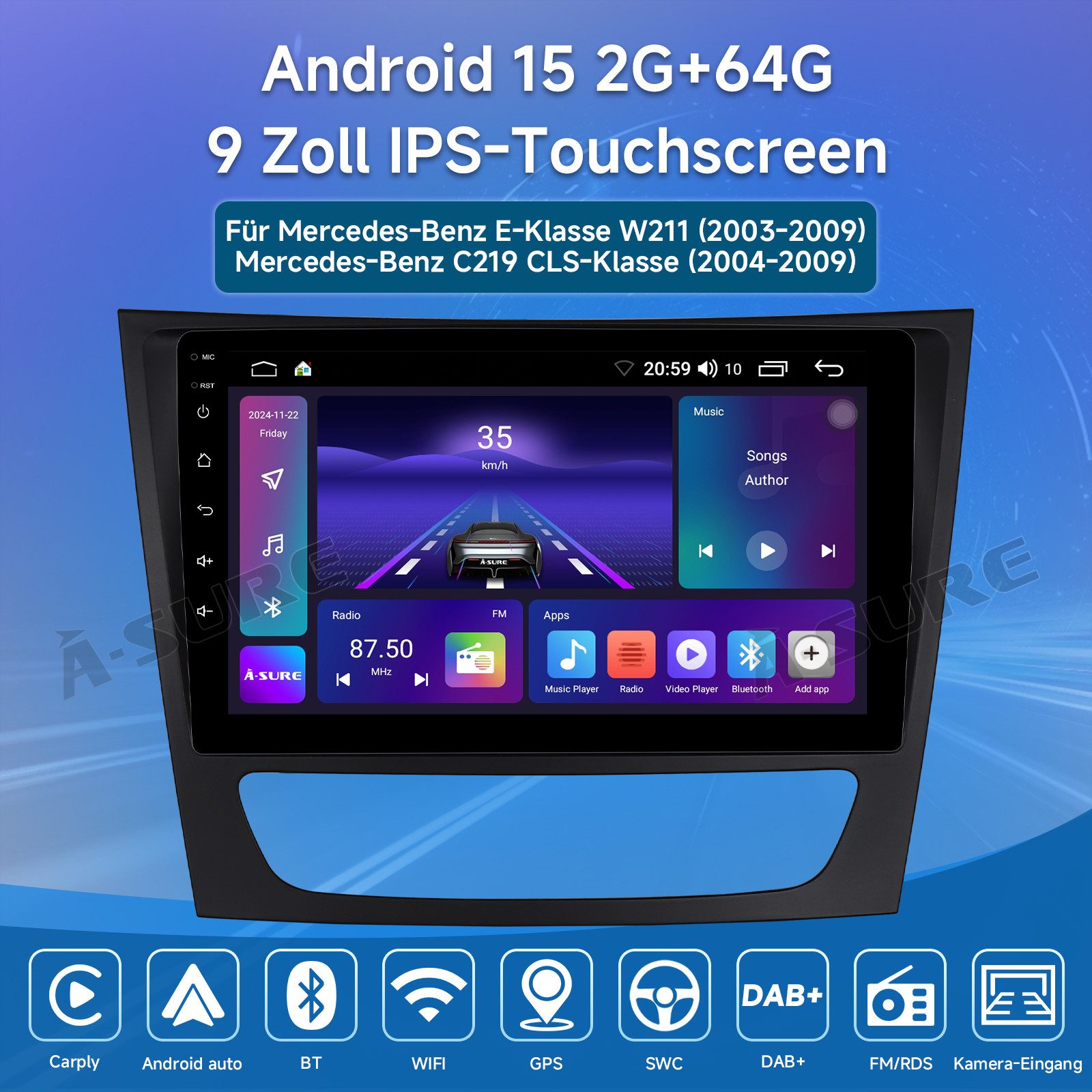 A-Sure 4-Core Android 15 Carplay Radio Für Mercedes E-Klasse W211 W219 ...
