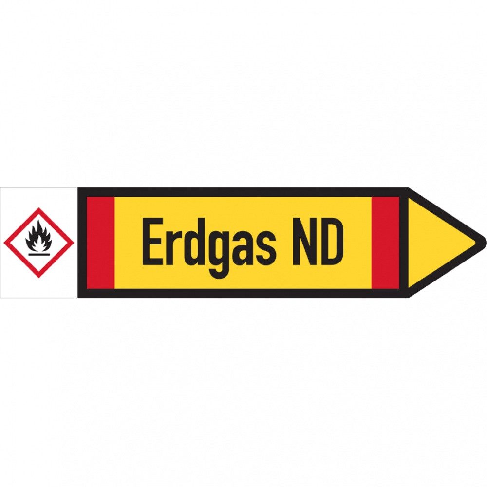König Werbeanlagen Hinweisschild RKZ.-Etikett Erdgas ND, rechts, DIN, gelb/schwarz/rot, ab 90mm ...