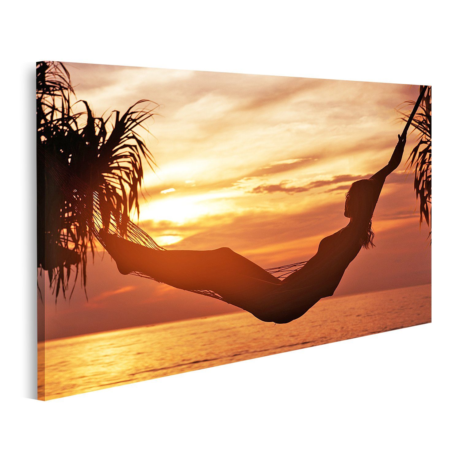 islandburner Leinwandbild »Bild auf Leinwand Mädchen In Hängematte Am Stand Unter Palmen ...