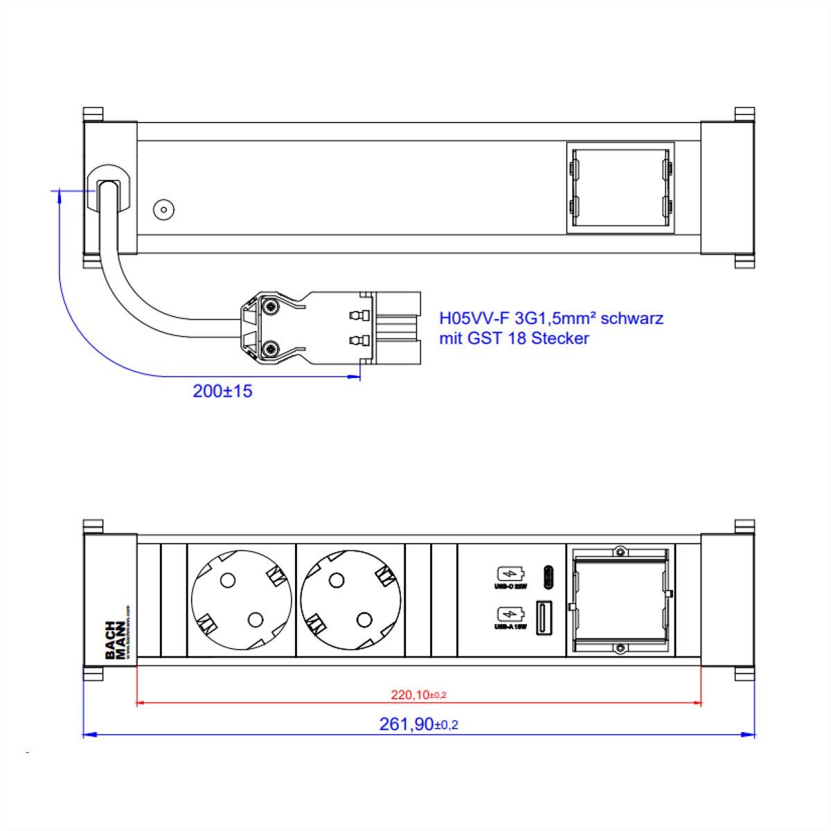 Bachmann POWER FRAME M 2xCEE7/3 Einbau-Tischsteckdosenleiste ...