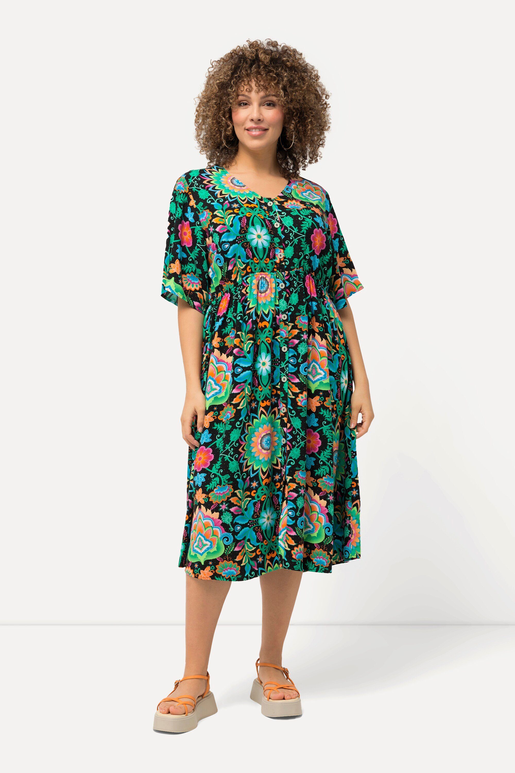 Ulla Popken Sommerkleid Midikleid A Linie V Ausschnitt Ballon Halbarm