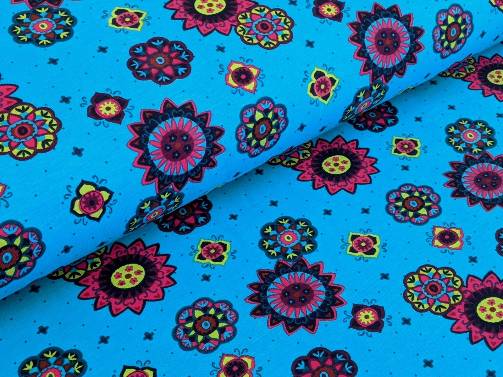 Corileo Stoff Baumwolljersey Abstrakte Blumen Türkis Stoff Meterware Jersey, Baumwolljersey ...